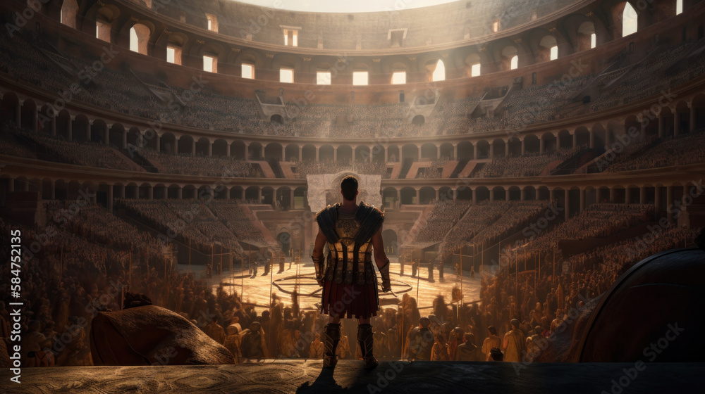 Ancient Roman gladiator standing on the arena in front of a crowd in a ...