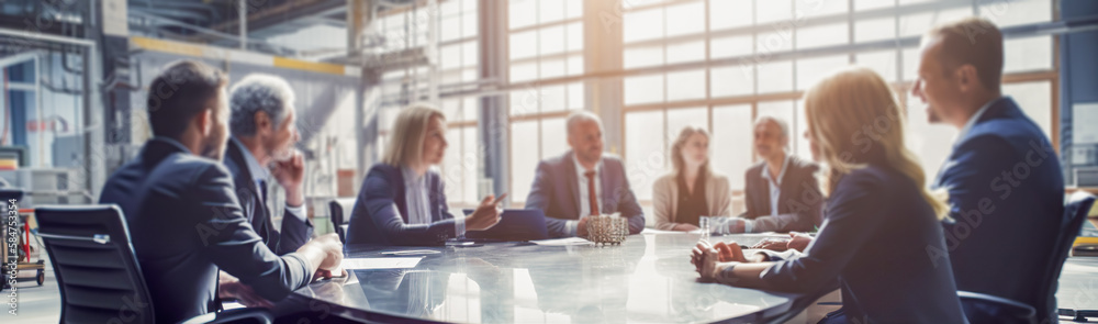 Panoramic view of business meeting in boardroom. Focus on office table ...