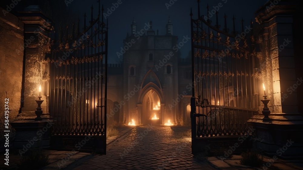 Castle gate, external entrance with arched door and burning torches ...