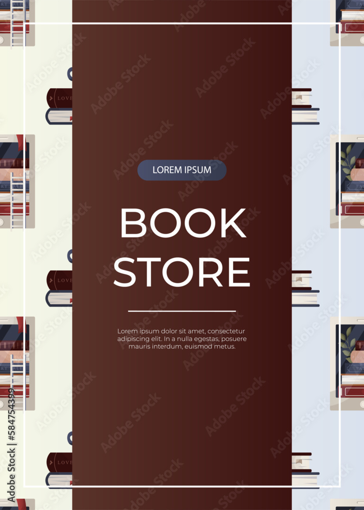 Promo flyer with electronic ebook reader, stack of books, cup of tea ...