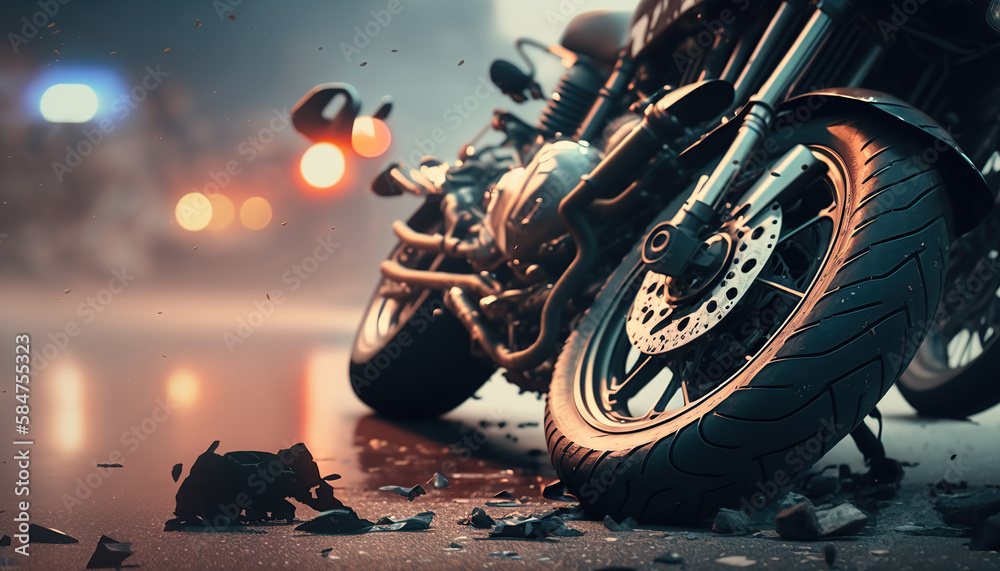 Motorcycle crash road accident with broken motorbike. City background ...
