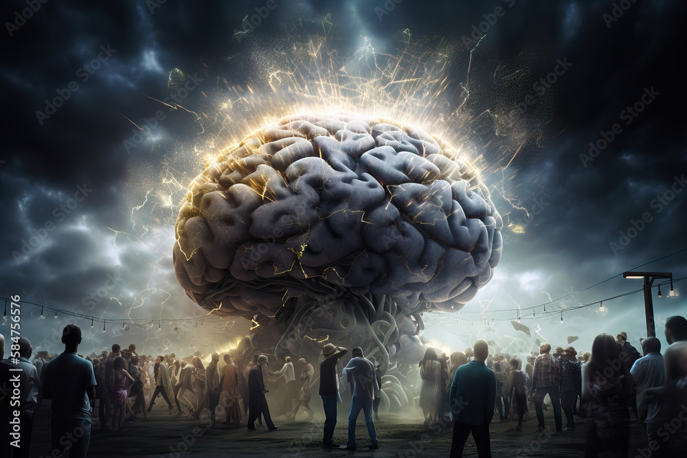 Brainstorm image of a big brain with many business people under it ...