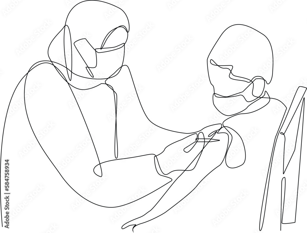 Continuous one-line drawing doctors carry out immunization at school ...