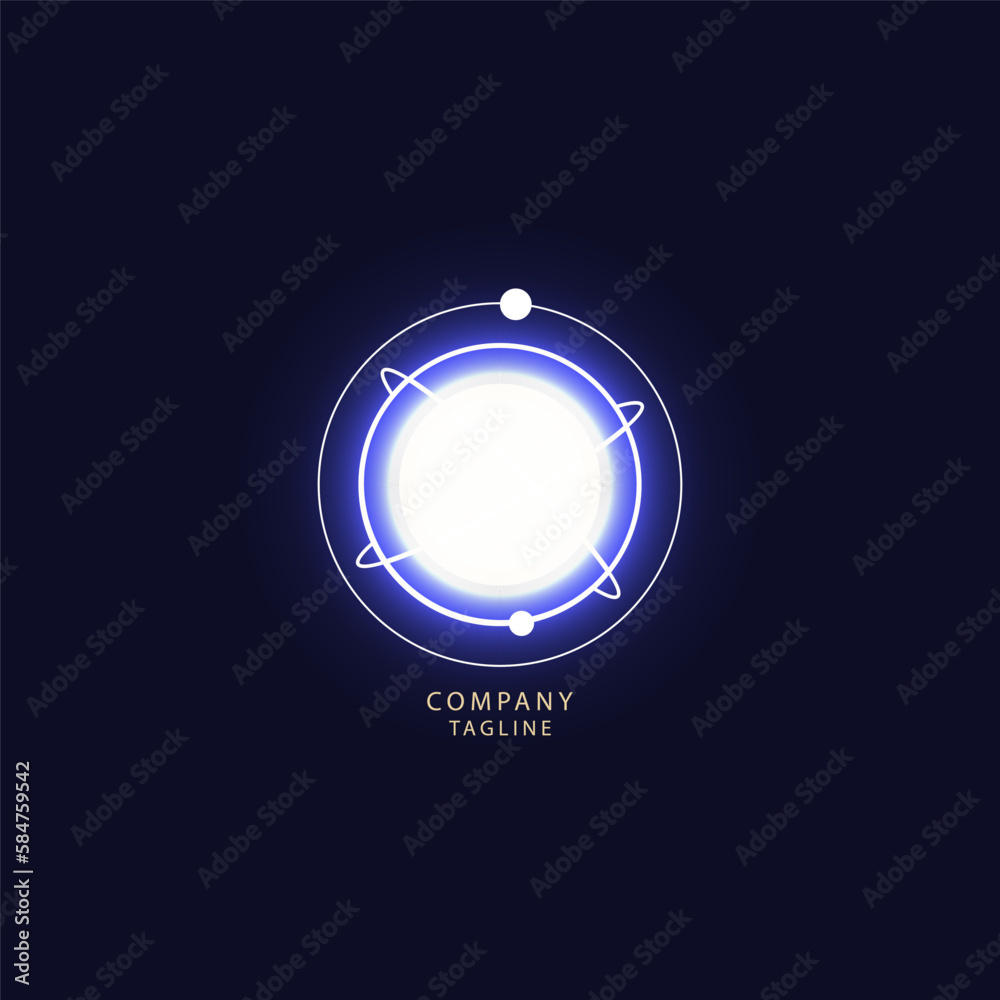 Vector gold logo with abstract glowing image of an atom with neutrons ...