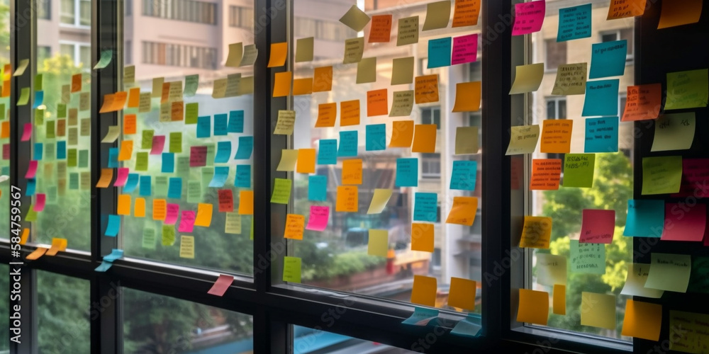 Sticky notes on glass wall in the office for business brainstorming ...