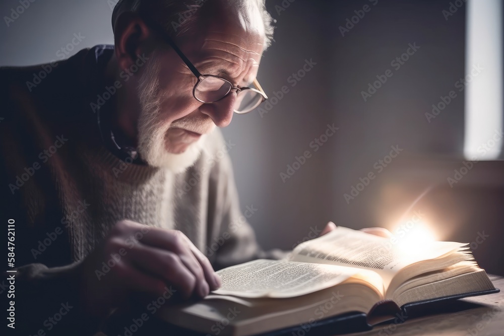 A religious old man reading and studding the bible with blurred ...