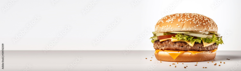 Delicious burger with beef cutlet, melted cheese on a white background ...