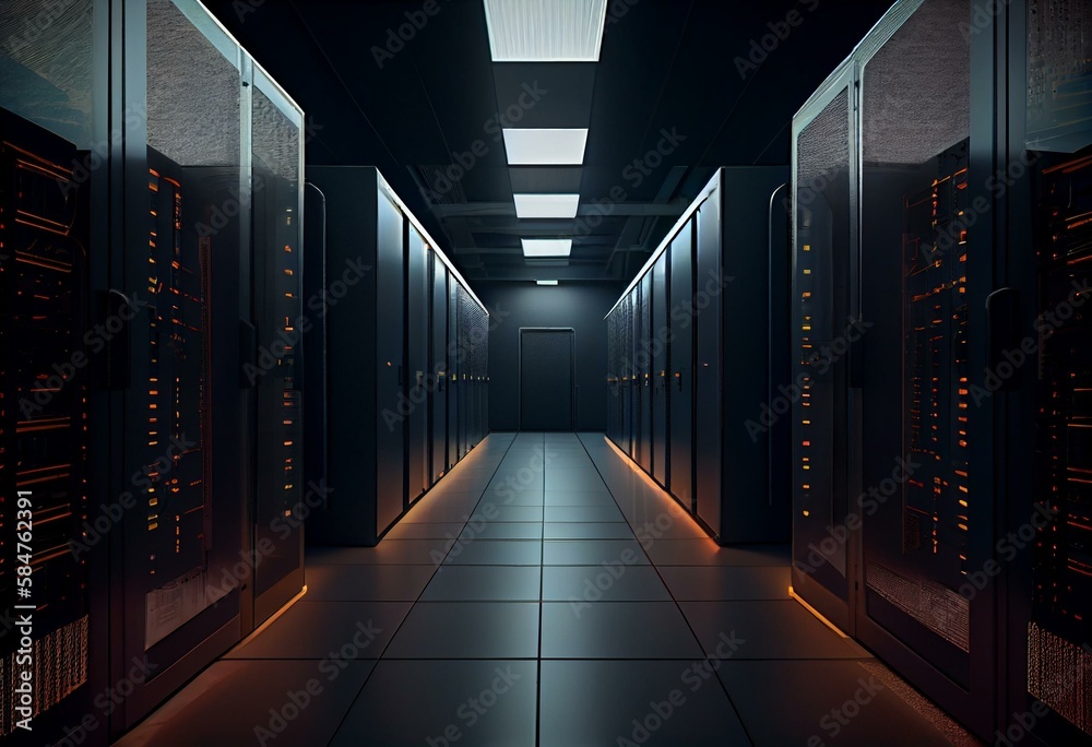 Corridor of server room with server racks in datacenter. 3d ...