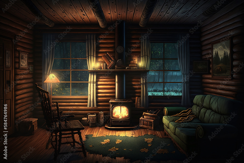 beautiful cabin fireplace illustration generated with AI tools Stock ...
