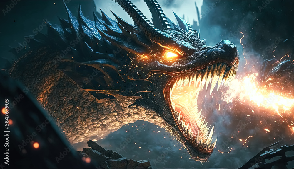 Fire breathes explode from a giant dragon in a black night, the epic ...