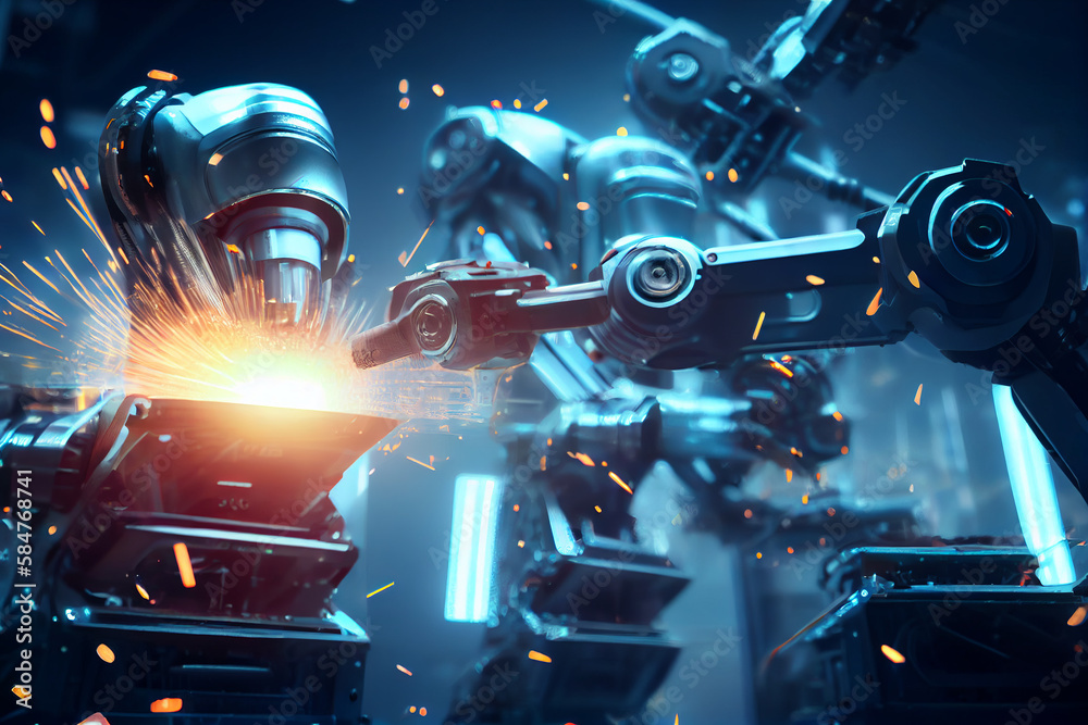 Generative AI illustration of futuristic robot welding metal details ...