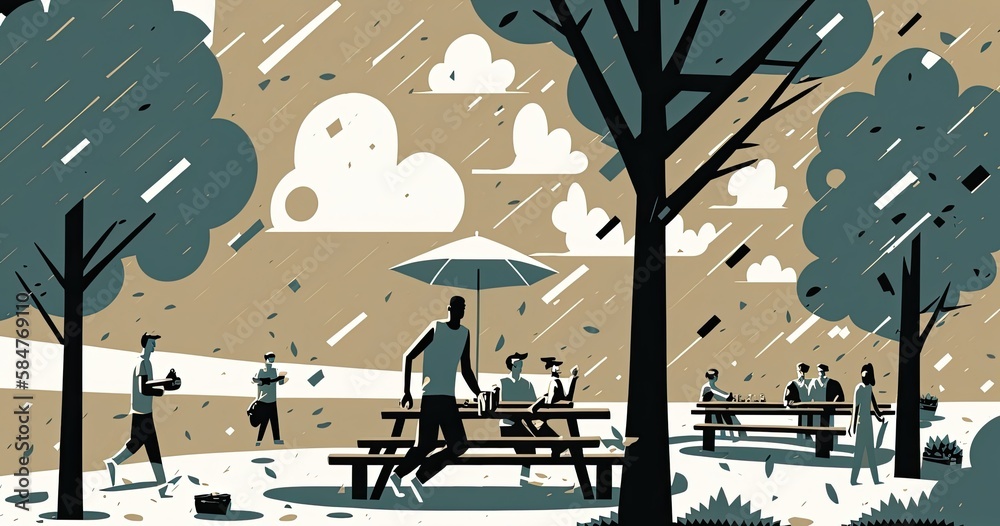 AI-generated illustration of people at picnic benches in a park on a ...