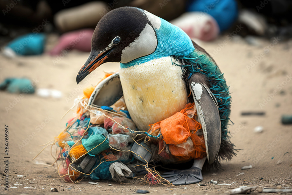 Generative AI illustration of poor penguin in net with various garbage ...