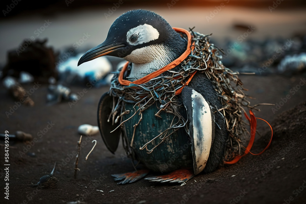 Ilustrace „Generative AI illustration of poor penguin in net with ...
