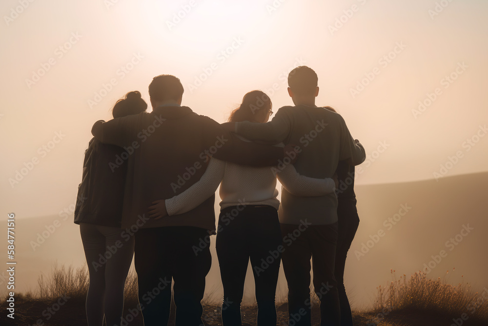 A family united and embracing in a sunset, after the loss of a loved ...