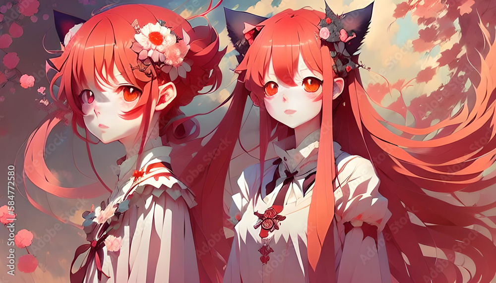 An anime girls with red hair, fantasy autumn fall colors illustration ...