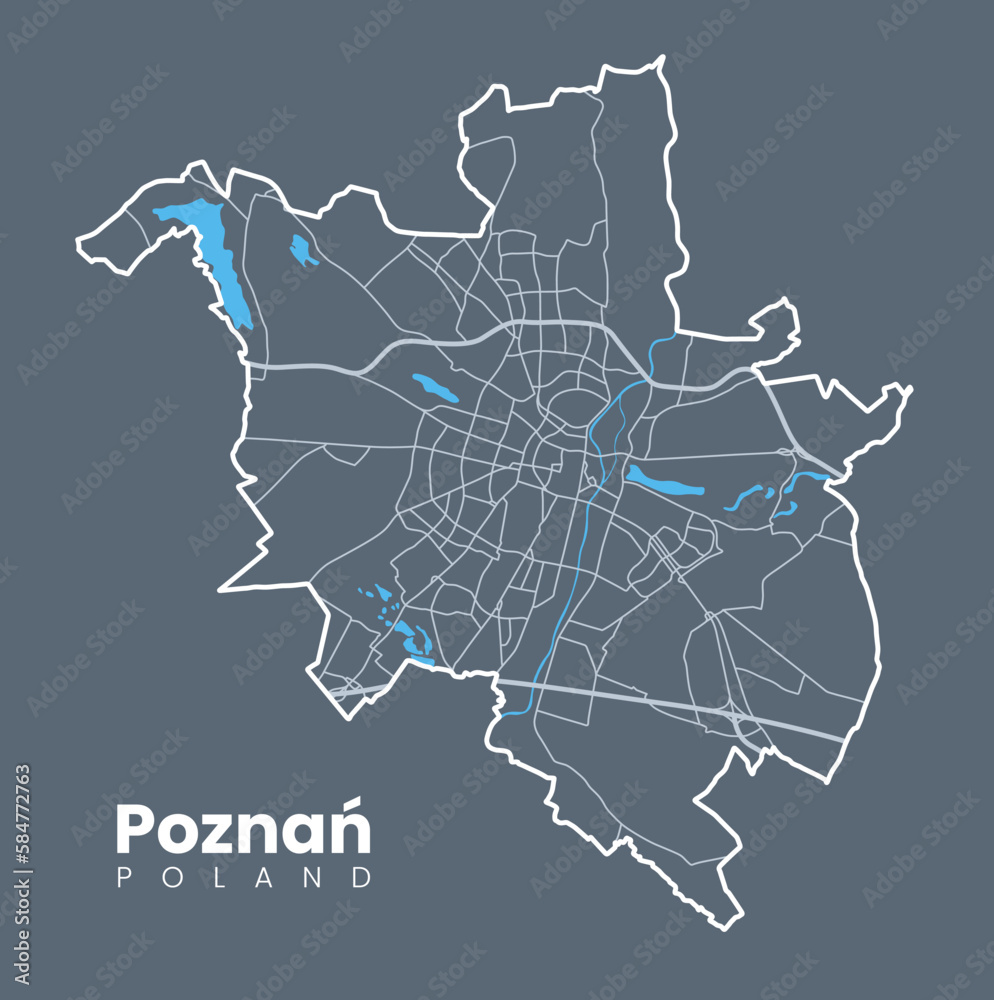 Urban Poznań map. Map of Poznan, Poland borders. City poster with ...
