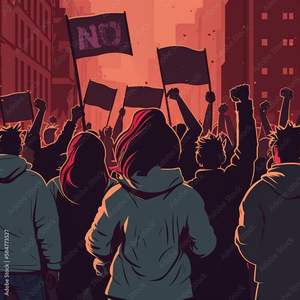 Rear view of aggressive people protesting on the city street. Protest ...