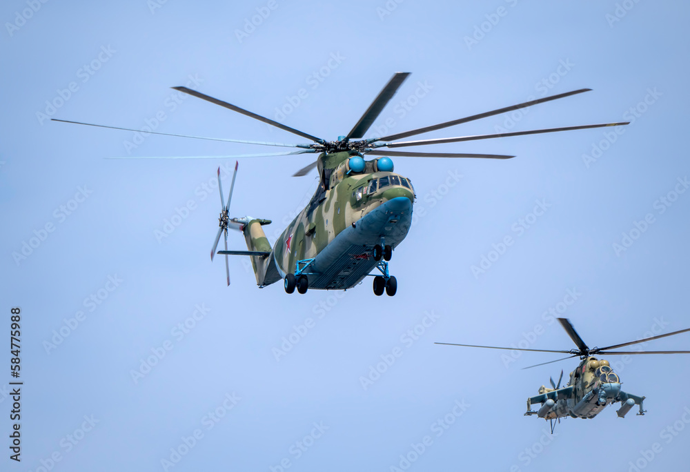 MOSCOW, RUSSIA - MAY 7, 2021: Avia parade in Moscow. Mi-26 and Mi-24 ...