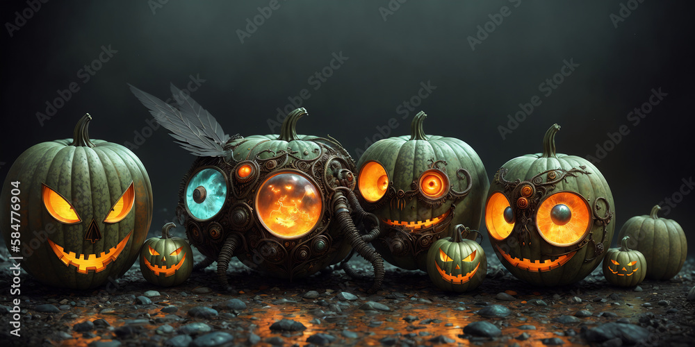 A group of pumpkins and strange looking objects in the middle of a ...