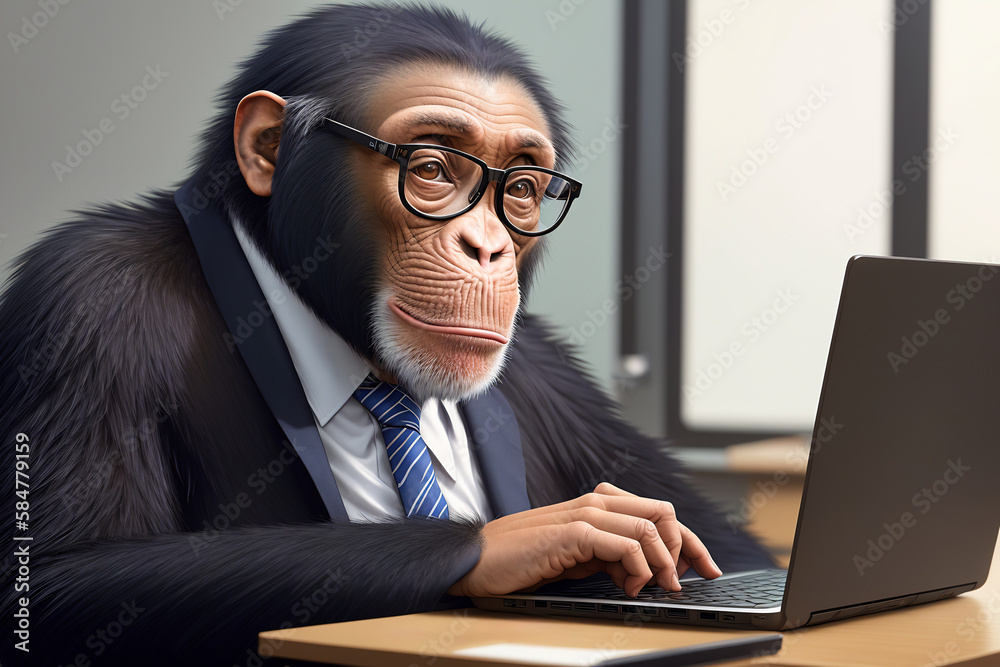 A antropomorhic chimpanzee ape in a suit and tie in role of a ...