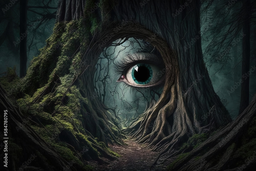 Dark spooky old forest and beautiful witch with black spooky eyes. Ai ...
