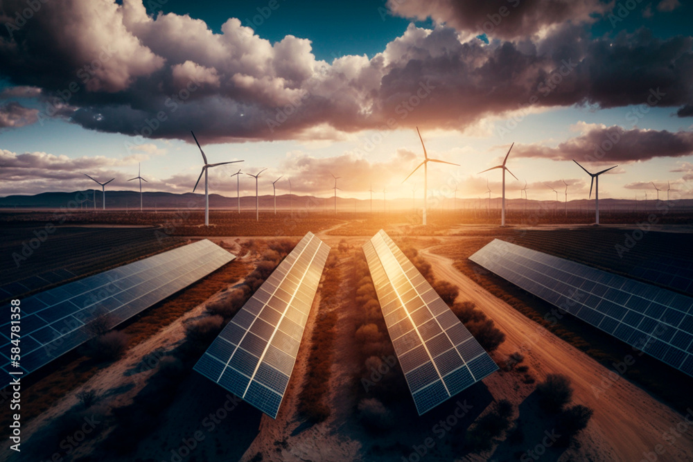 Solar photovoltaic panels for new energy outdoors at sunrise with wind ...