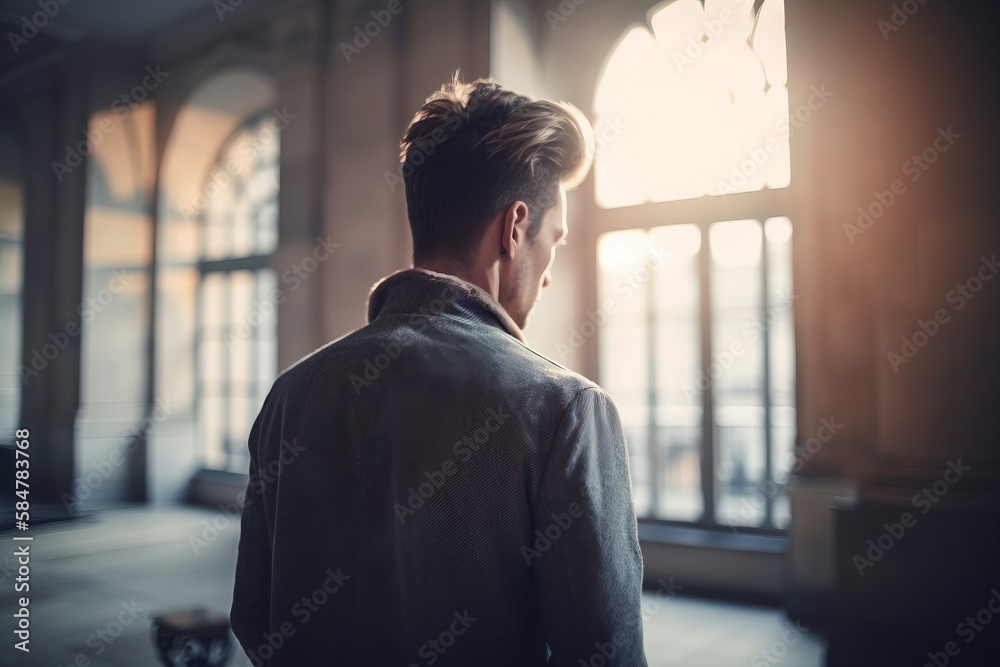 a man standing in front of a window looking out at the sun coming ...