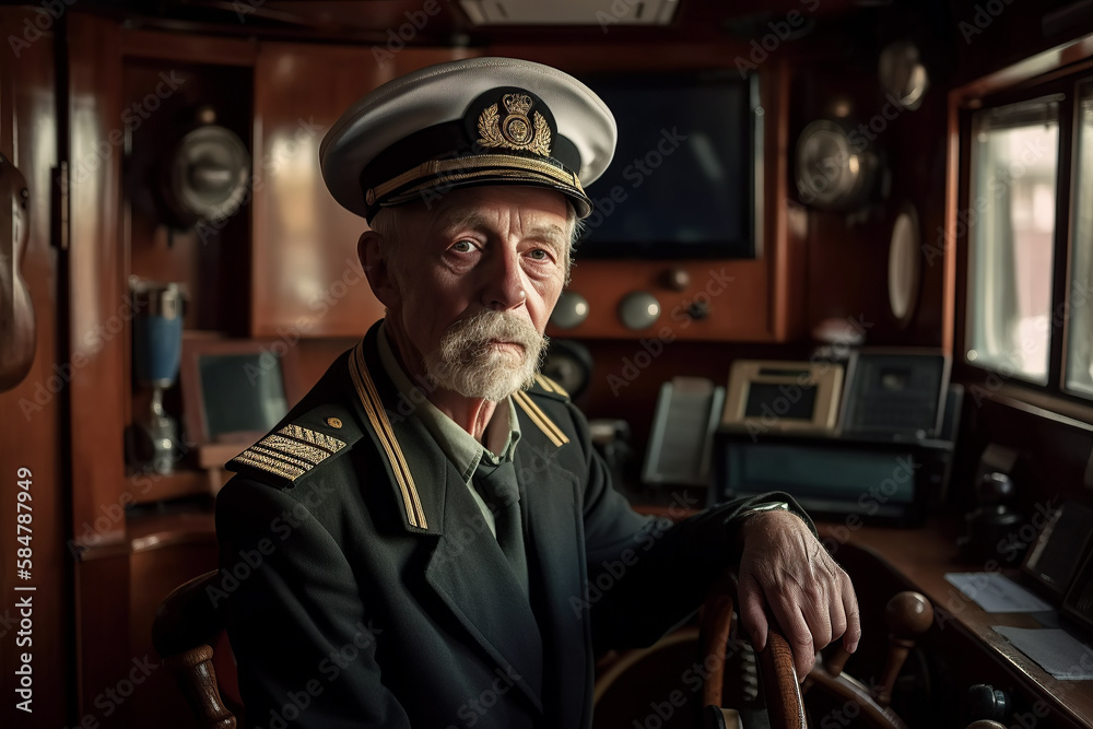 portrait of an old sailor captain of ship in uniform in control room ...