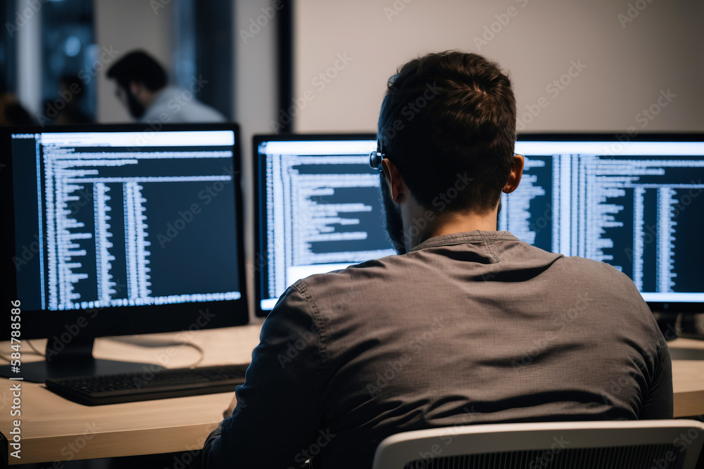 Back view of software developer, coding scripts for cybersecurity company, programming and ...