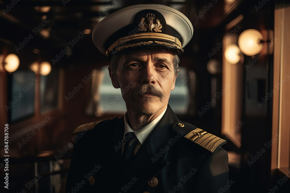 portrait of sailor ship captain in uniform in cabin of cruise boat ...