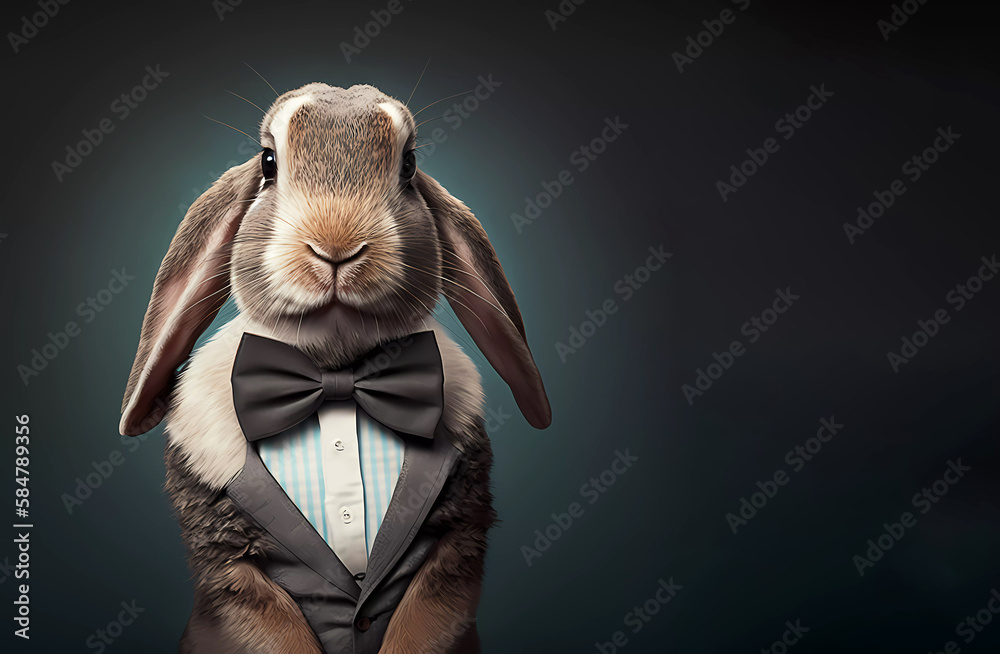 Rabbit in a suit and a bow tie on a dark background. AI generated Stock ...