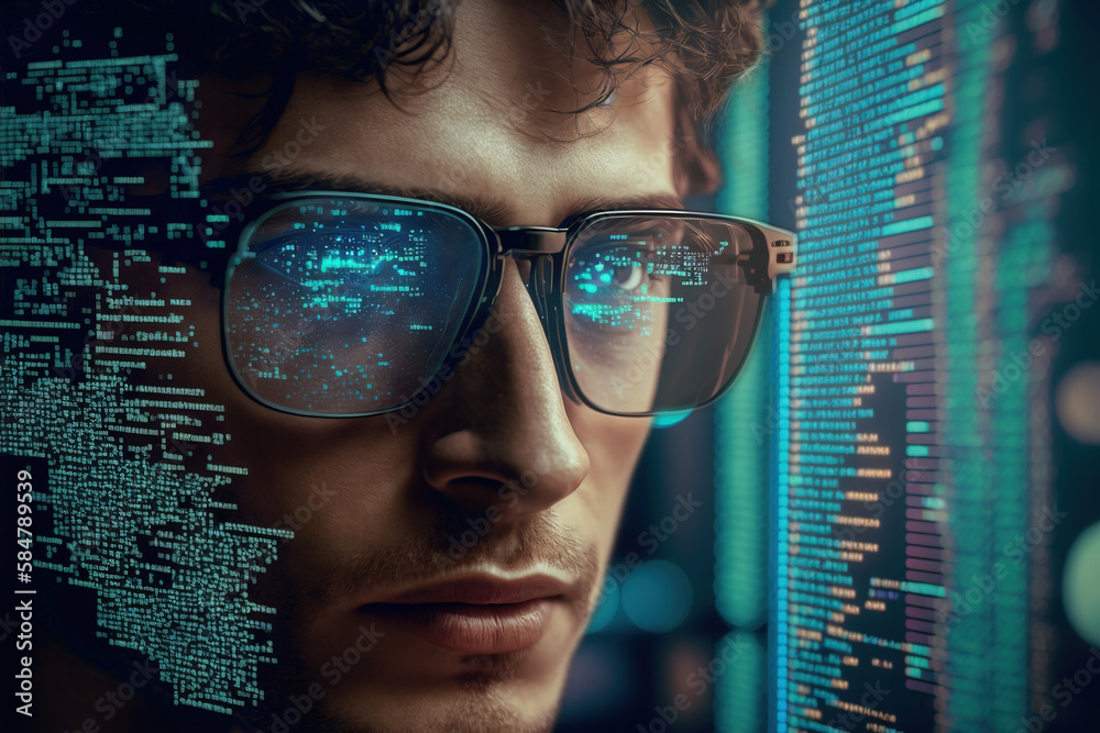 Close Of Coder Face With Ar Hologram Programming Code Future Programmer Working With Neural