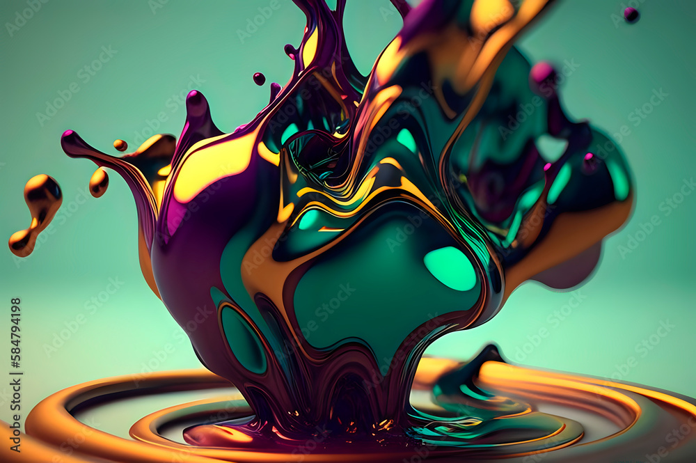 abstract volumetric form of iridescent liquid paints flowing down with ...