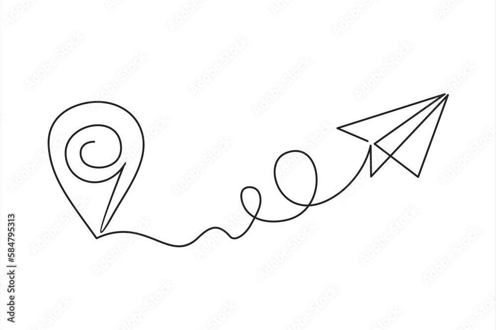 Continuous one line drawing Pointing location at map and paper plane ...