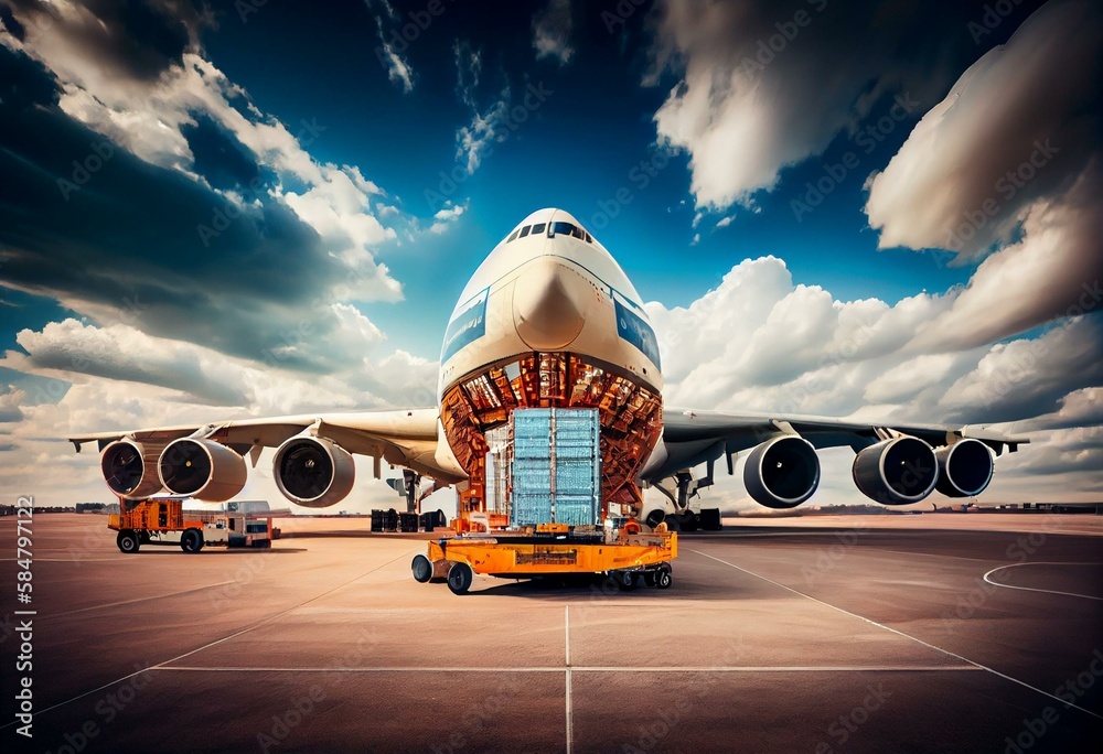 loading cargo airplane on airport runway ultra wide panorama landscape ...