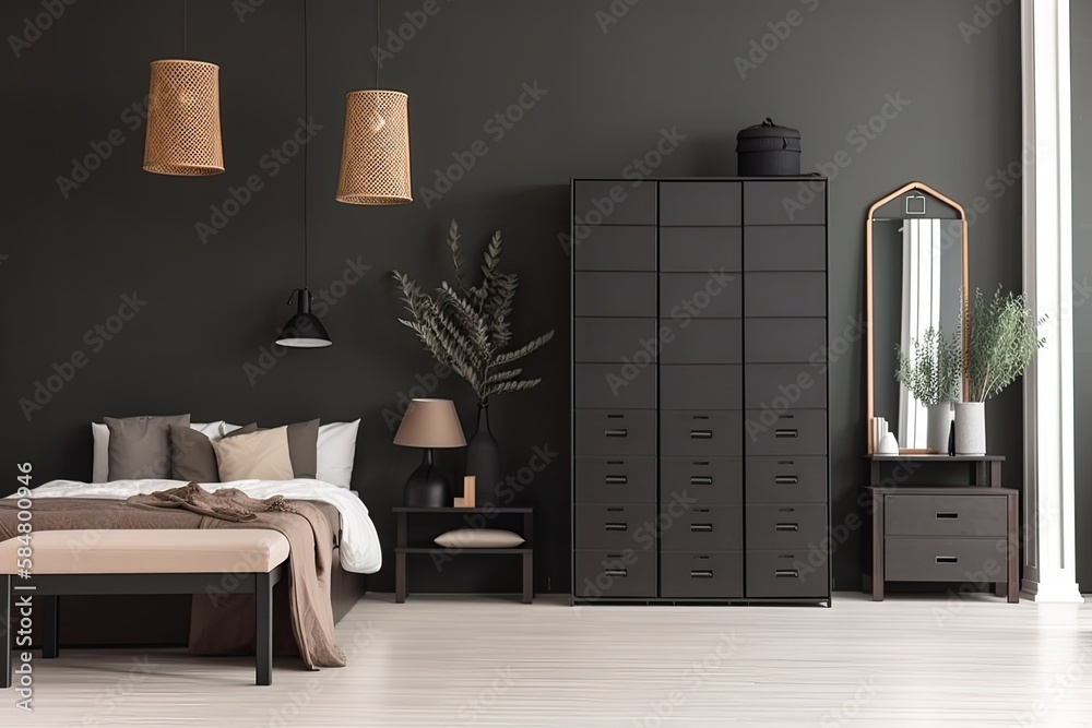 Interior of modern scandinavian sleeping room in dark color scheme with ... Interior of modern scandinavian sleeping room in dark color scheme with ...
