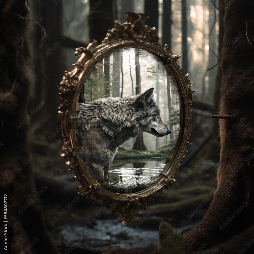 Mirror in a dense strange magical forest, reflection of a wolf in the ...