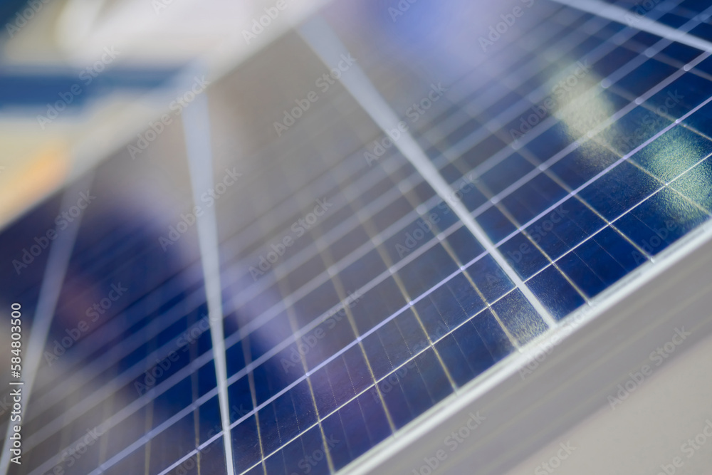 Photovoltaic solar panel at modern technology exhibition - close up ...