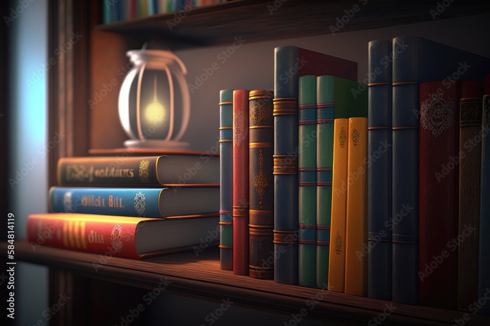 Books on the bookshelves in the library illuminated by the light from ...