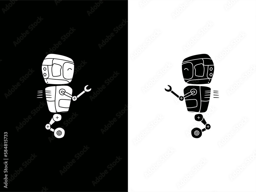 silhouette illustration of a cute little robot in high contrast card ...