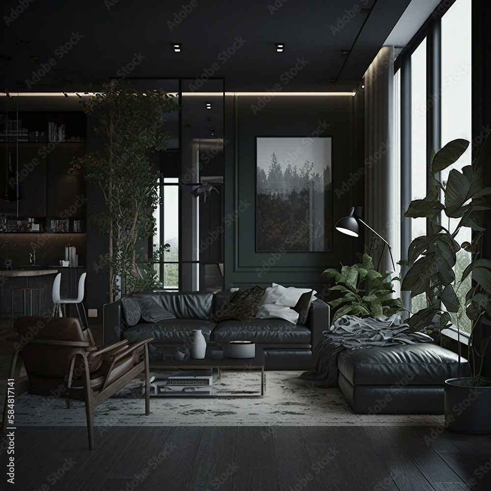 Modern dark house interior. Luxury home and apartment interior design ...