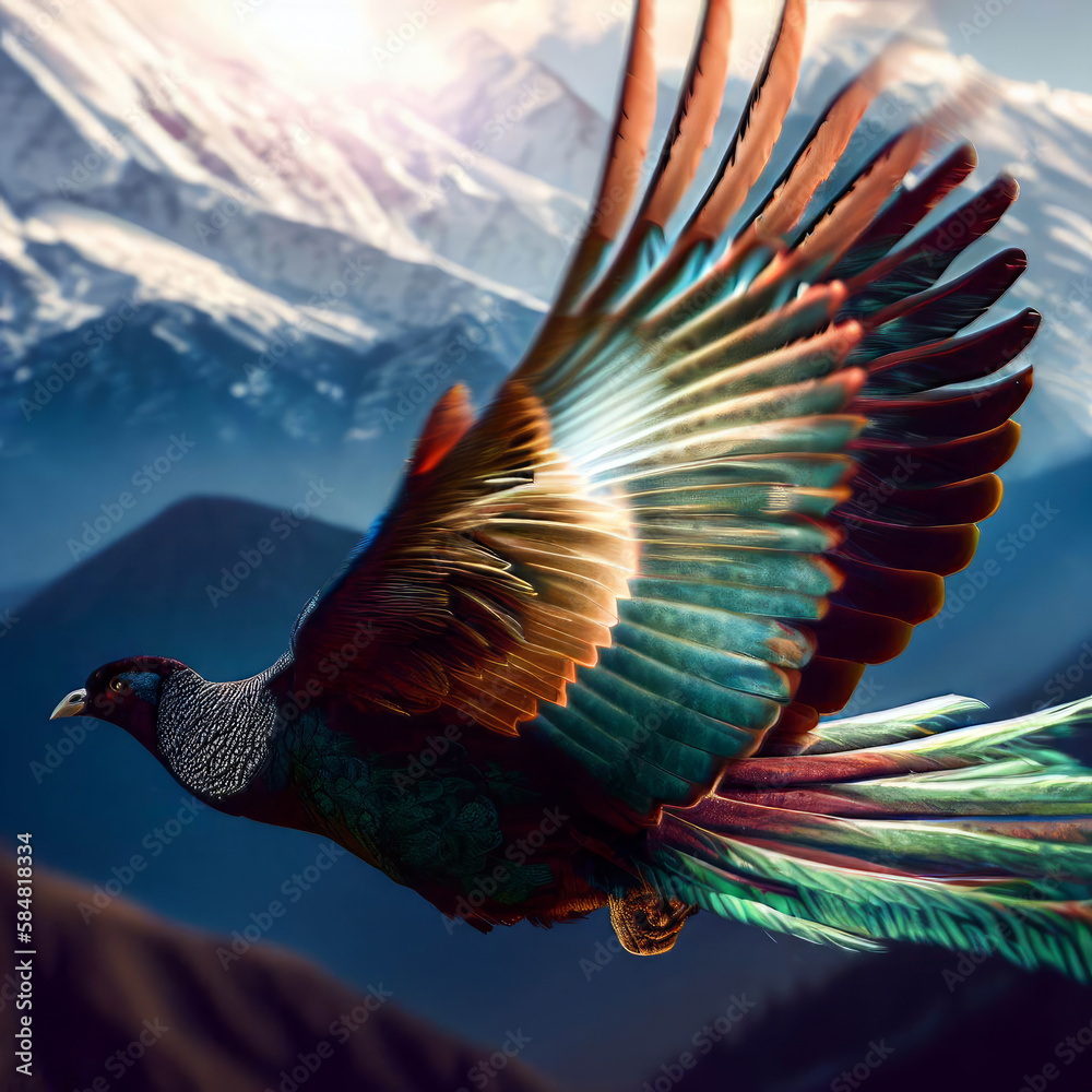 A Himalayan Monal taking off in front of the majestic Himalayas. Its ...