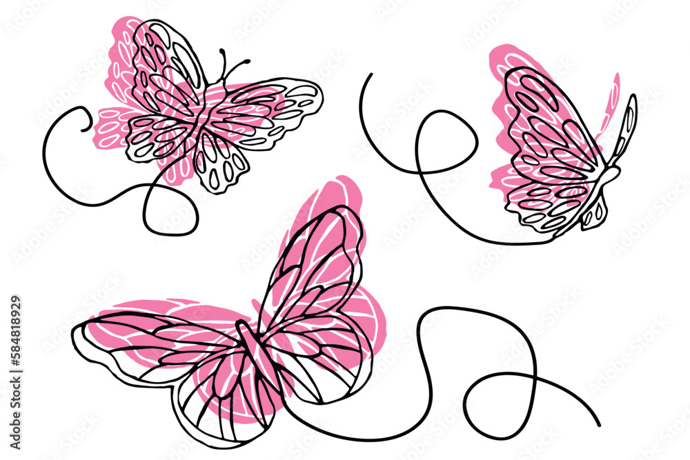 Pink butterflies grouped in black outlines with trails on the canvas ...
