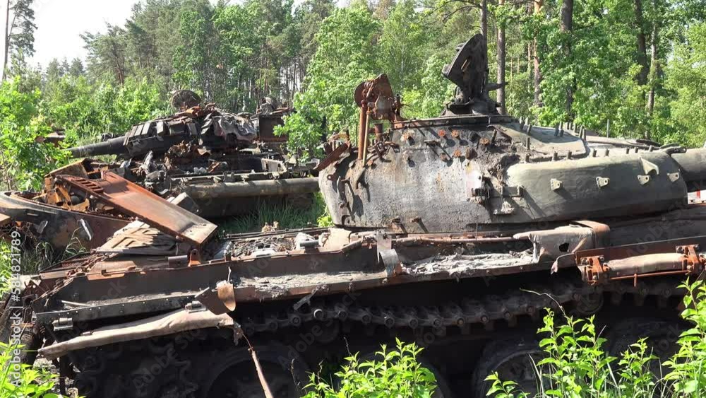 2022 - wrecked and destroyed Russian tanks are abandoned along a ...