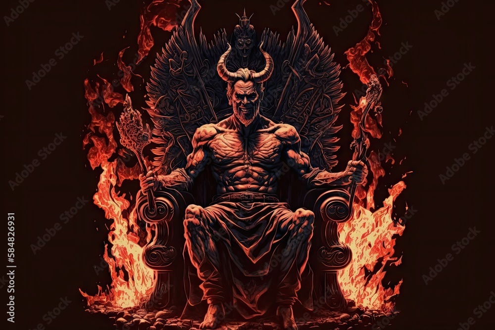 devil, sitting on throne at the heart of hell, surrounded by fire and ...