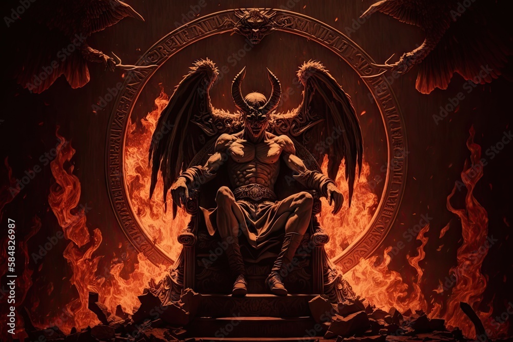 devil, sitting on throne at the heart of hell, surrounded by fire and ...