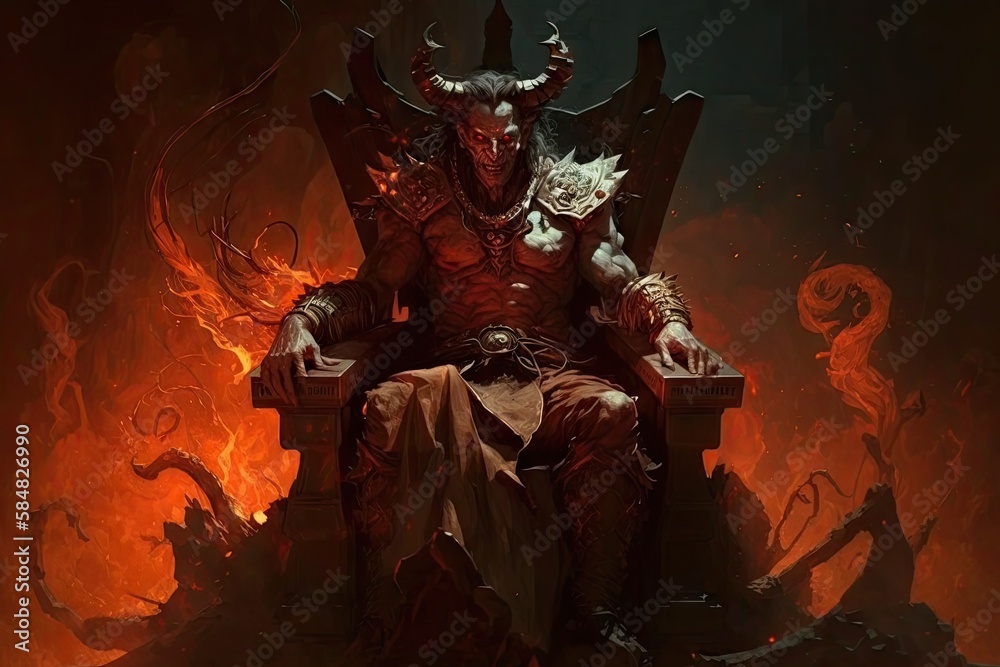devil, sitting on throne at the heart of hell, surrounded by fire and ...