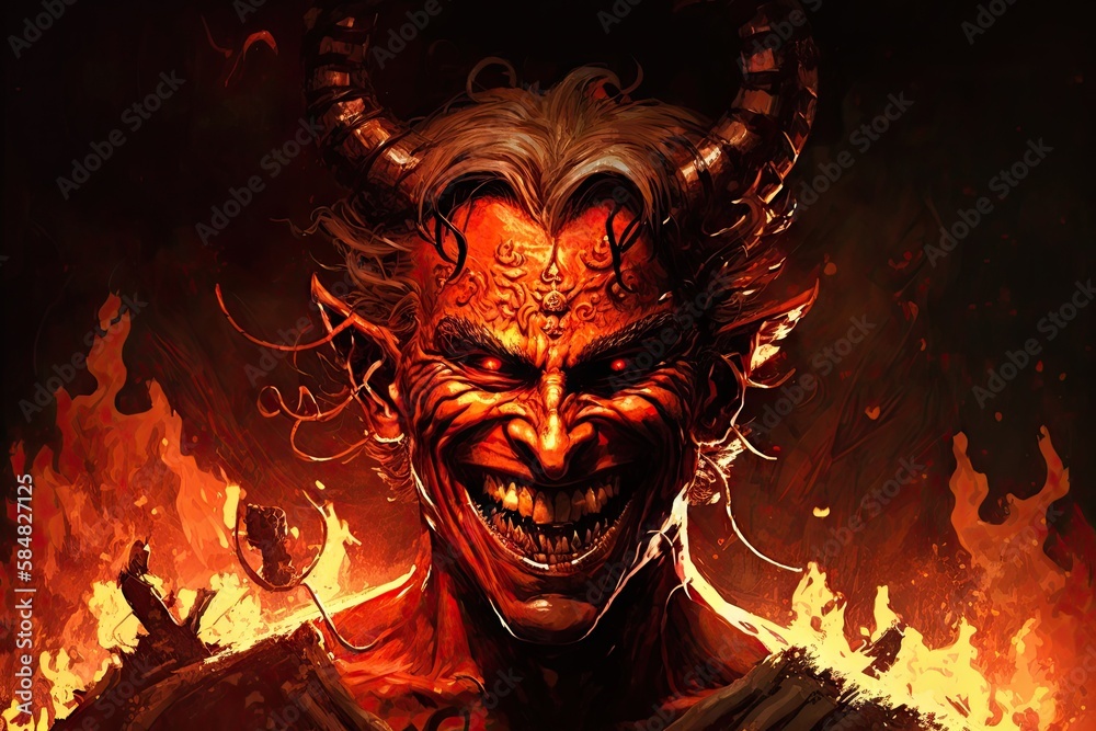 devil, surrounded by fire and brimstone, laughing maniacally in hell ...
