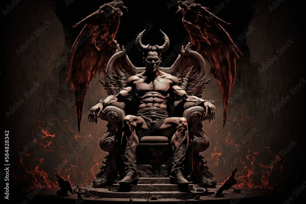 devil, sitting on throne in hell, with view of endless tortured souls, created with generative ...